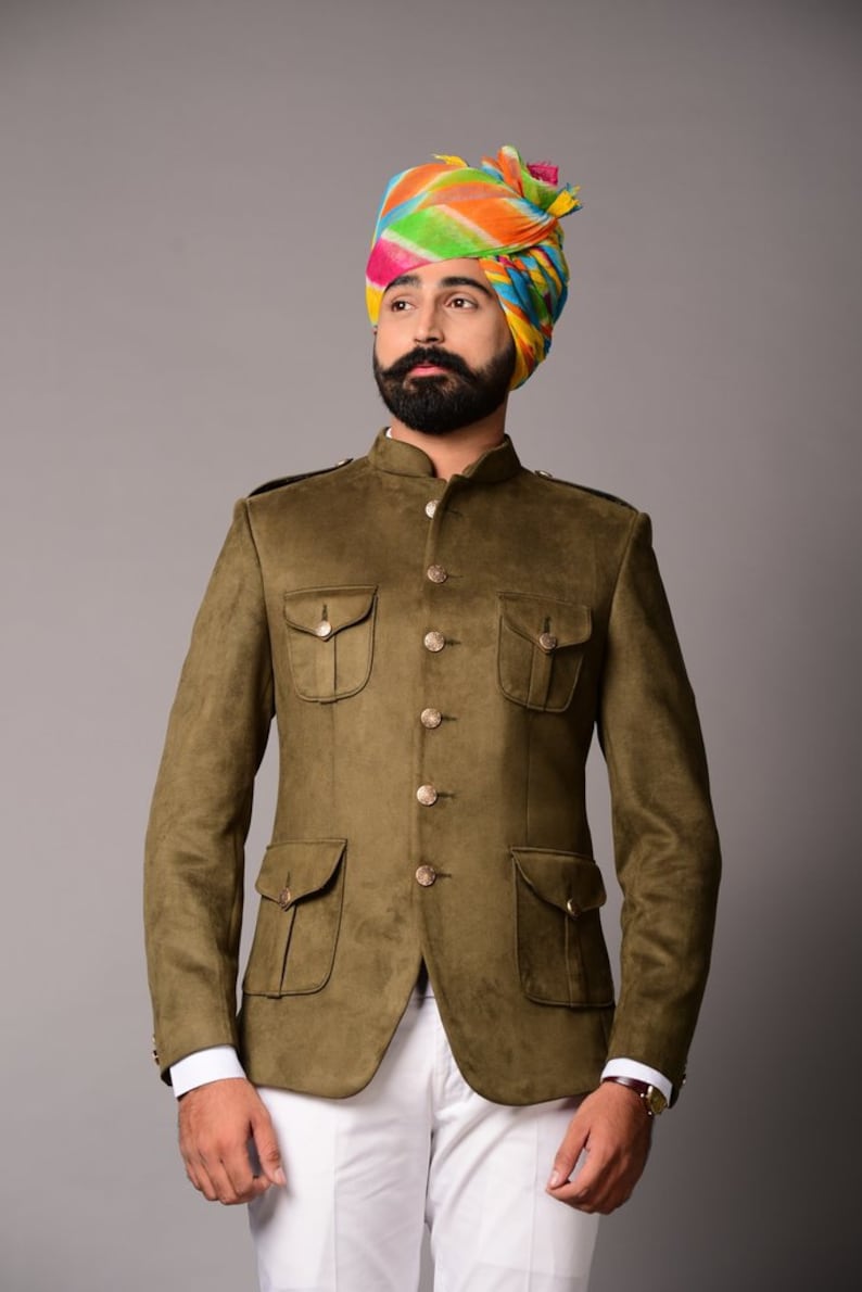 4 Pocket Hunting Style Faux Suede Leather Bandhgala Jodhpuri with ...