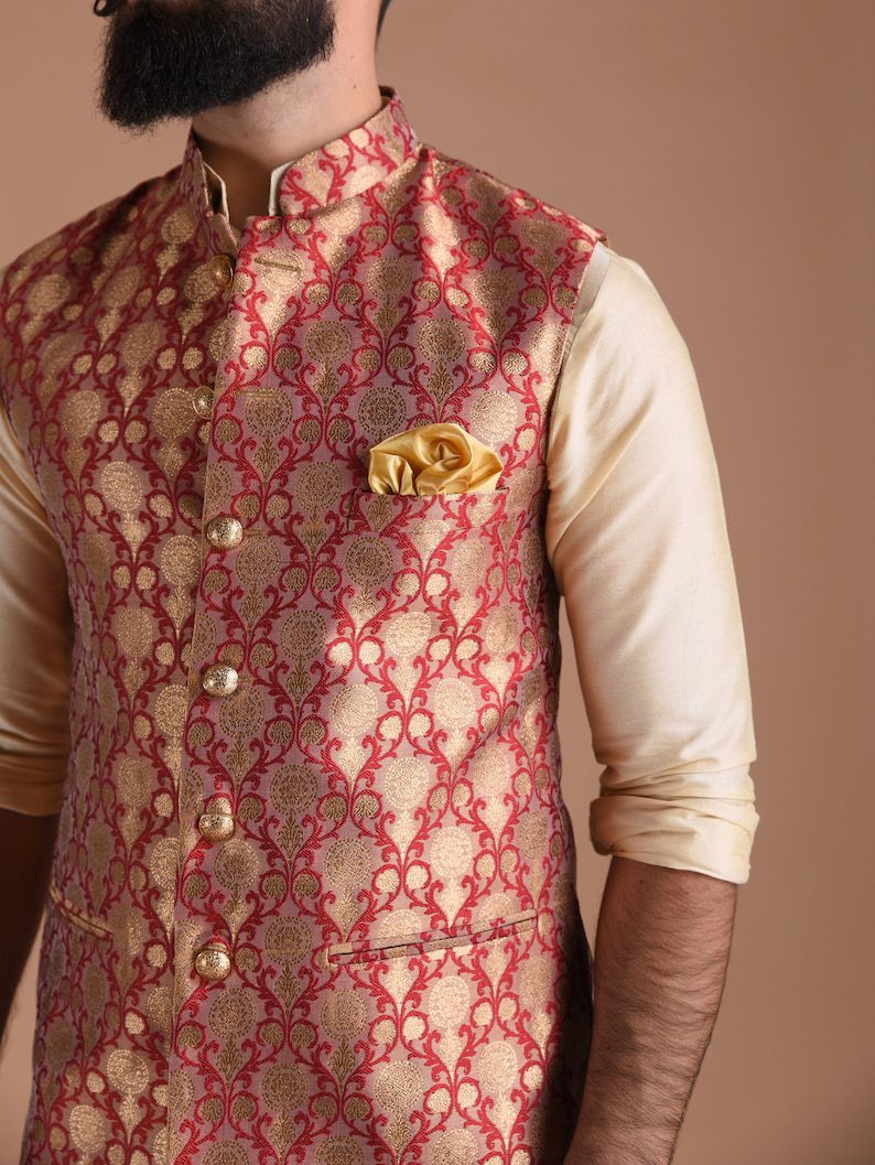Floral Pattern Red Golden Half Jodhpuri Jacket with Silk Kurta Pajma ...