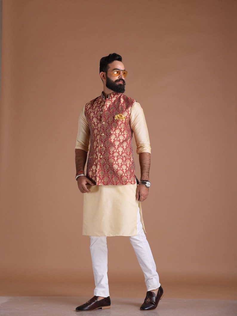 Floral Pattern Red Golden Half Jodhpuri Jacket with Silk Kurta Pajma ...