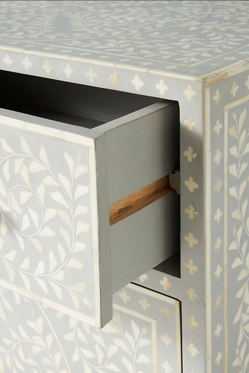 2 Door 1 Drawer Bone Inlay Scroll Vine Design Cabinet, Media Unit Gray ...
