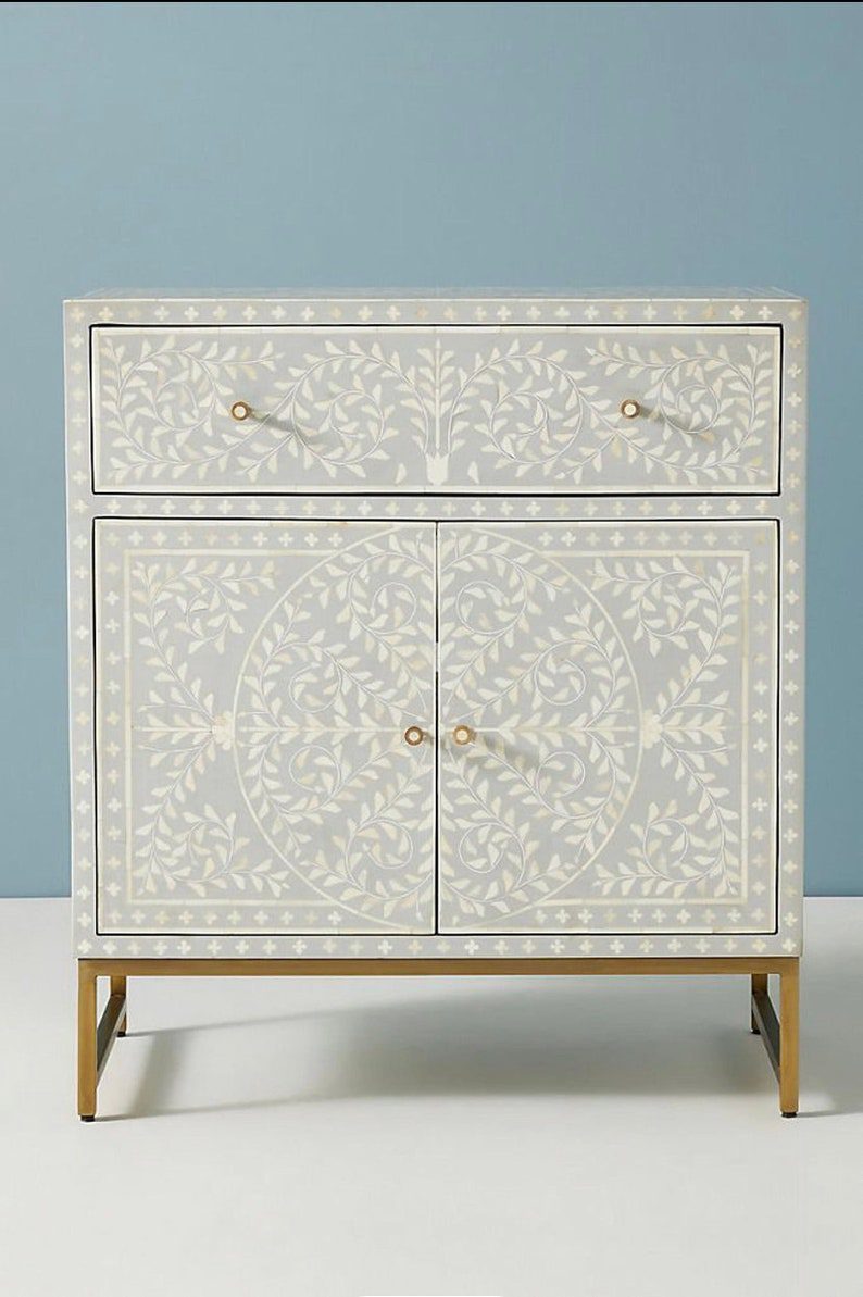 2 Door 1 Drawer Bone Inlay Scroll Vine Design Cabinet, Media Unit Gray ...