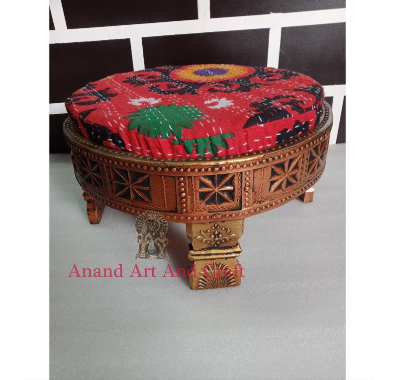 Wood Stool Hand Made Carved Grinder Chakki Stool With Cushion Top Seat ...