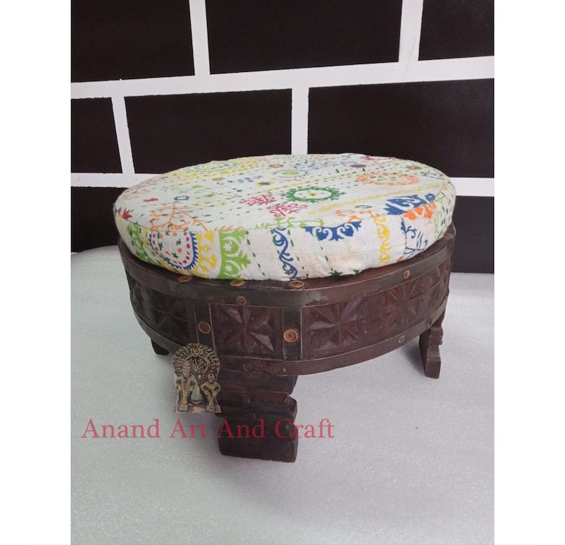Wooden Hand Made Carved Grinder Chakki Stool With Cushion Top Seat ...