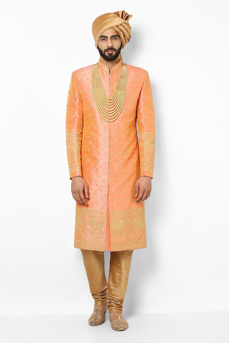 Peach coloured resham embroidered floral mens wedding sherwani suit ...