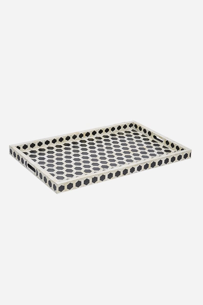 Bone Inlay Hexagonal Design Tray in Black Color Handmade Serving Tray ...
