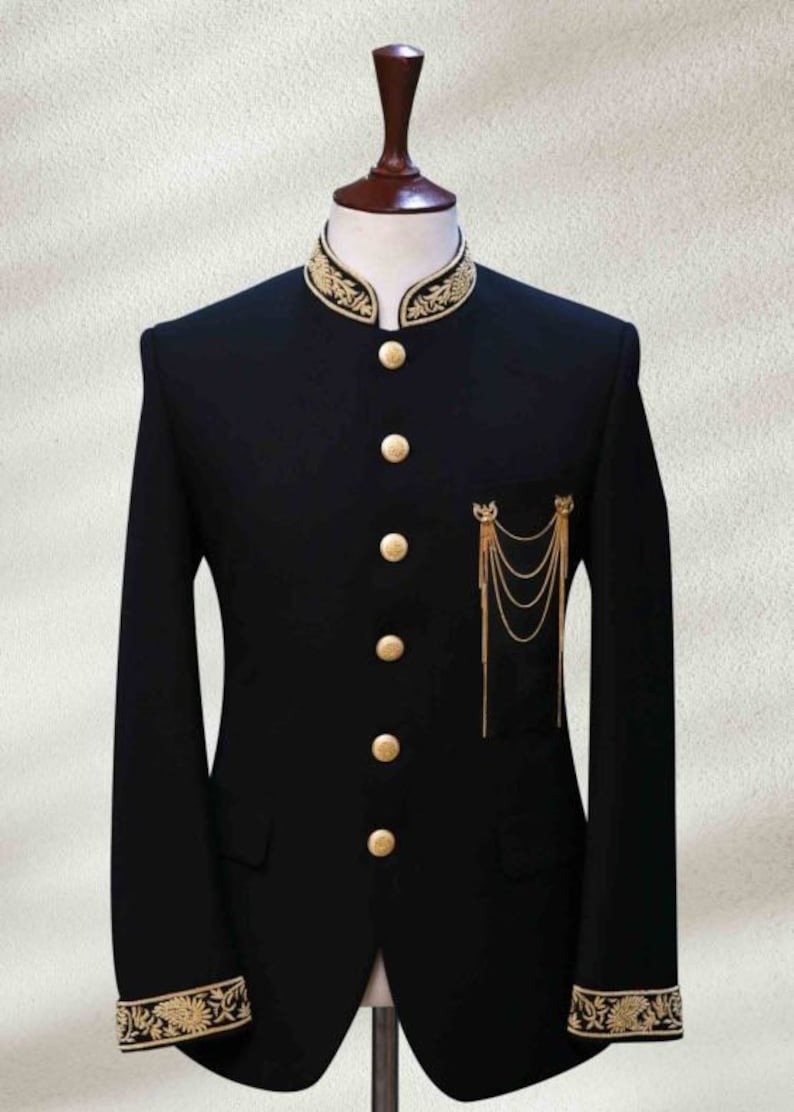 Embroidered pocket black ban collar suit with black pants | Bandgala ...