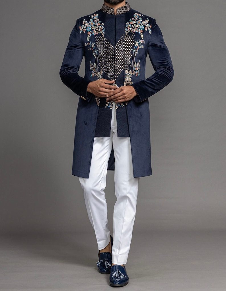 Hand embroidered indo western suit for wedding | Indo western sherwani ...