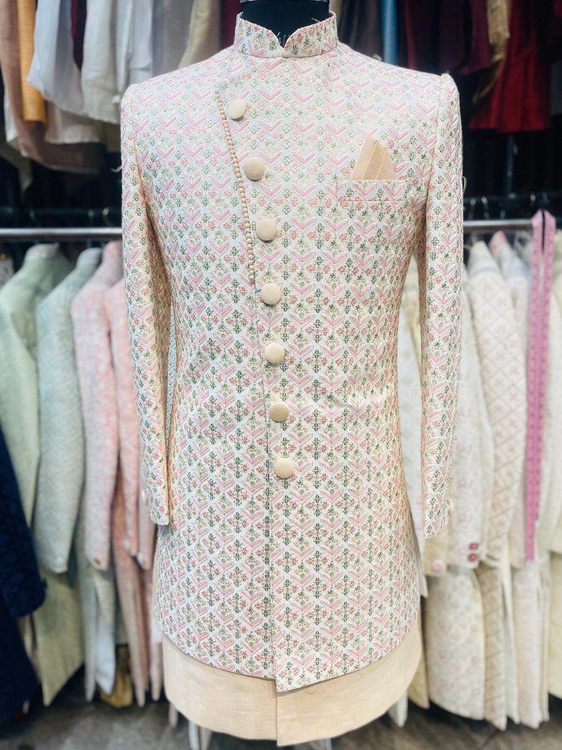 Sherwani with long vest and pants l Indo western suit with labada ...