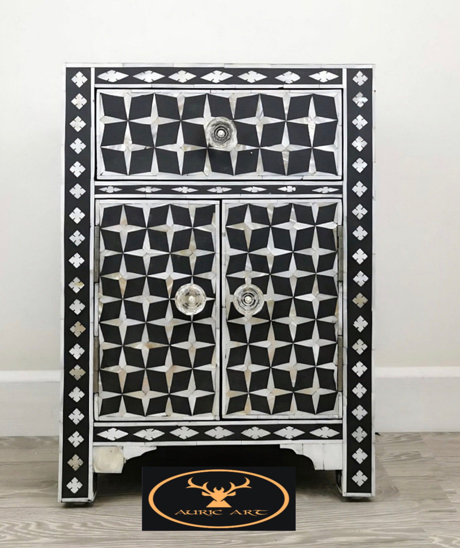 Green Color Bone Inlay Star Pattern Bedside & Nightstand with Two ...