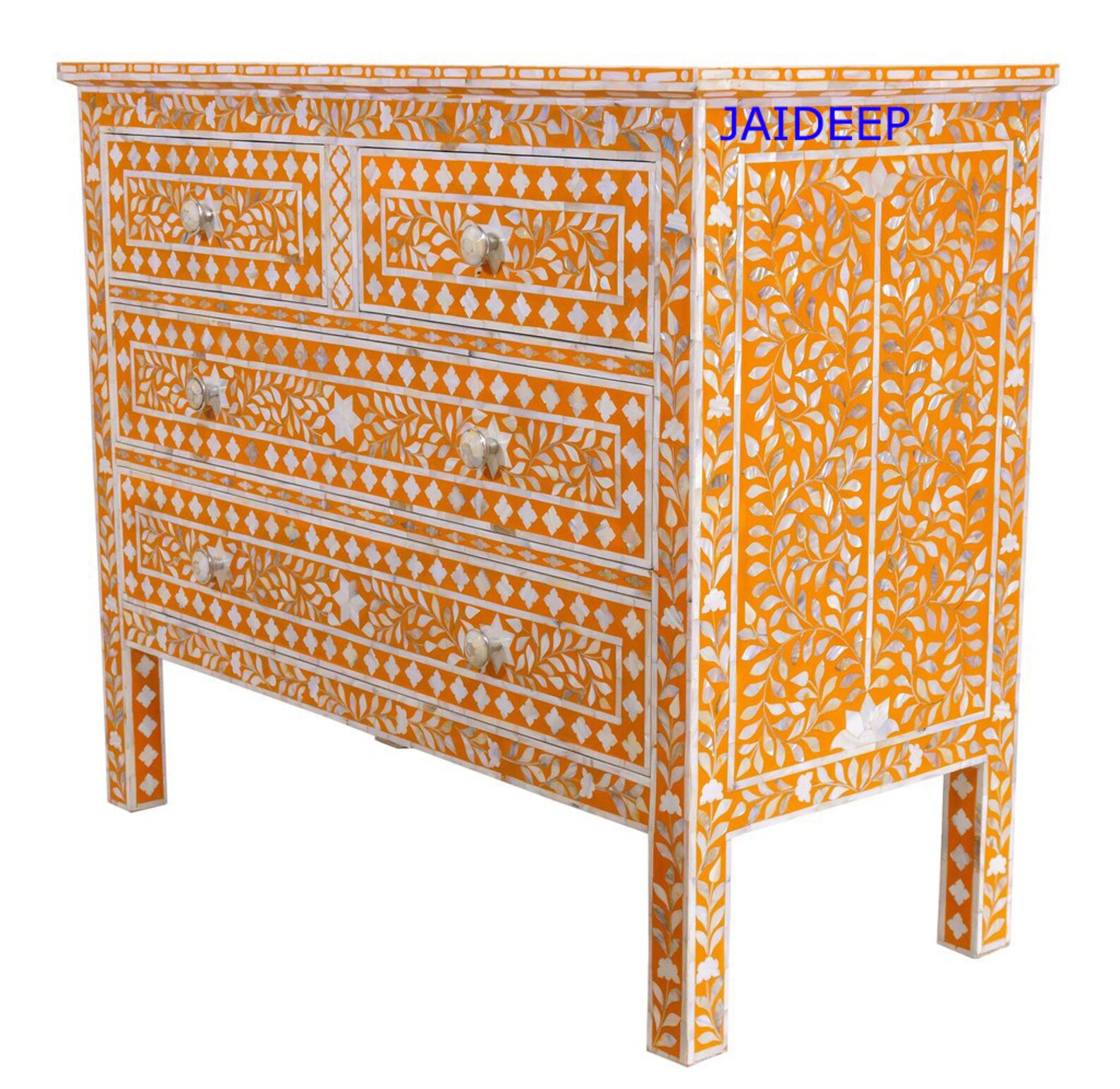 Handmade Mother of pearl Orange Floral Sideboard Buffets 4 Drawer - SwiftEZ
