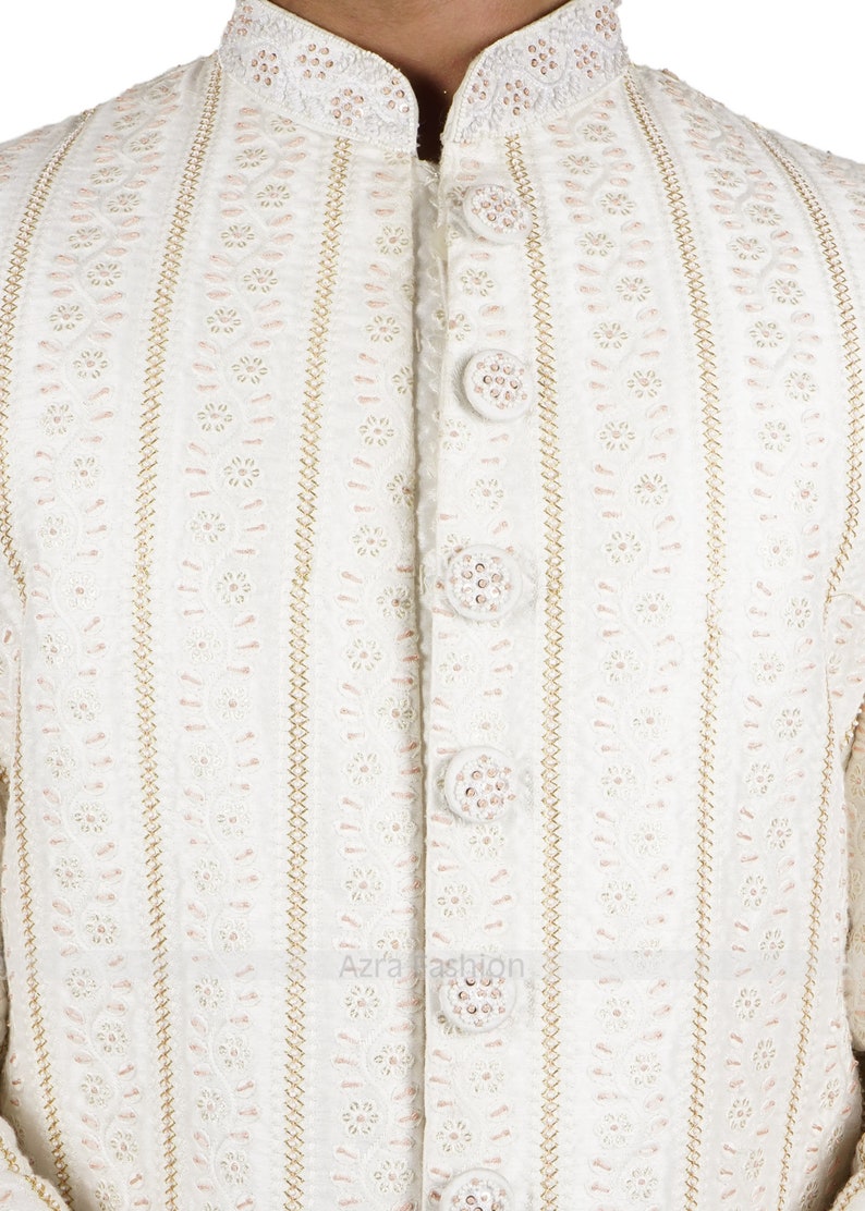 Ivory colored hand embroidered silk sherwani with straight silk kurta ...